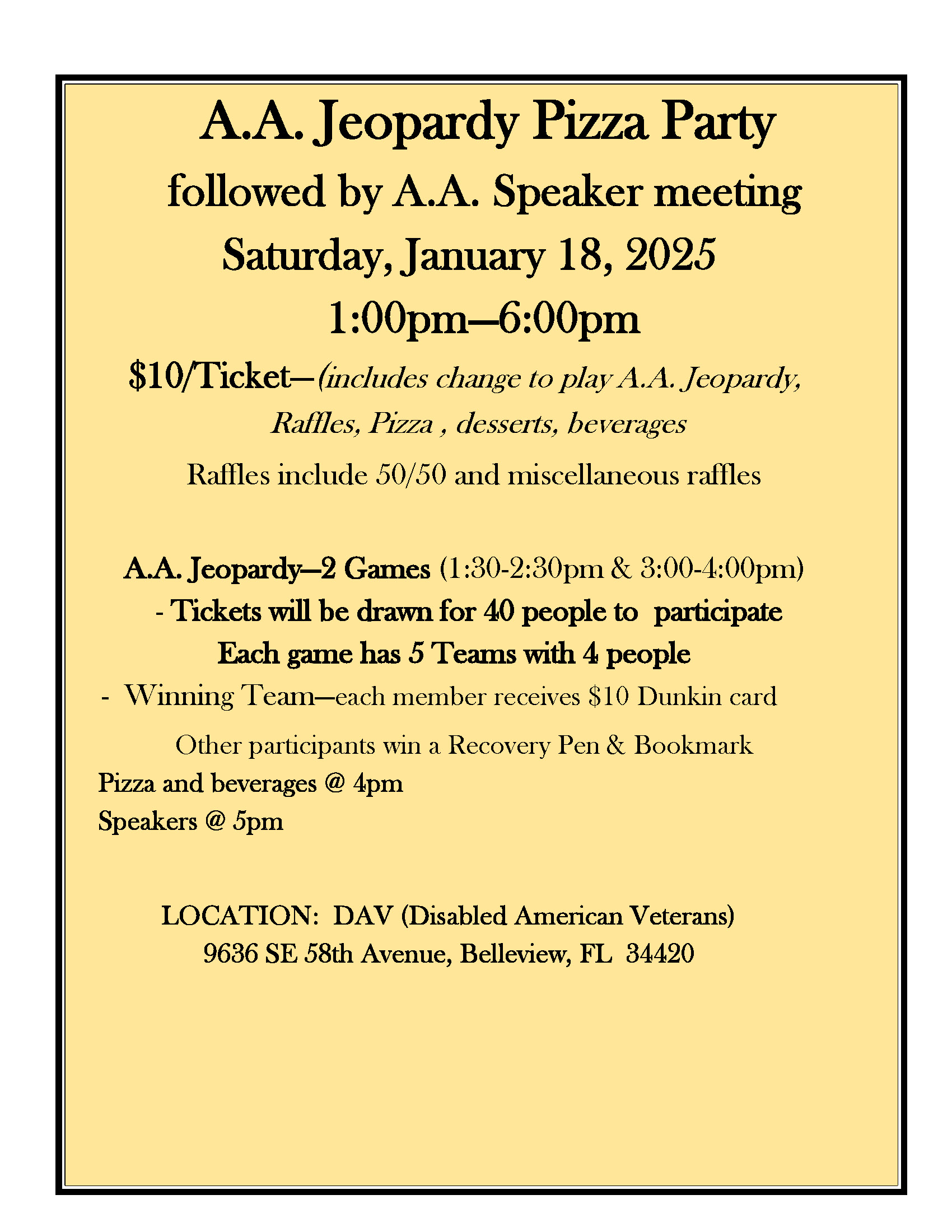 January 18th 2025 AA Pizza Party – AA District 17 – Area 14